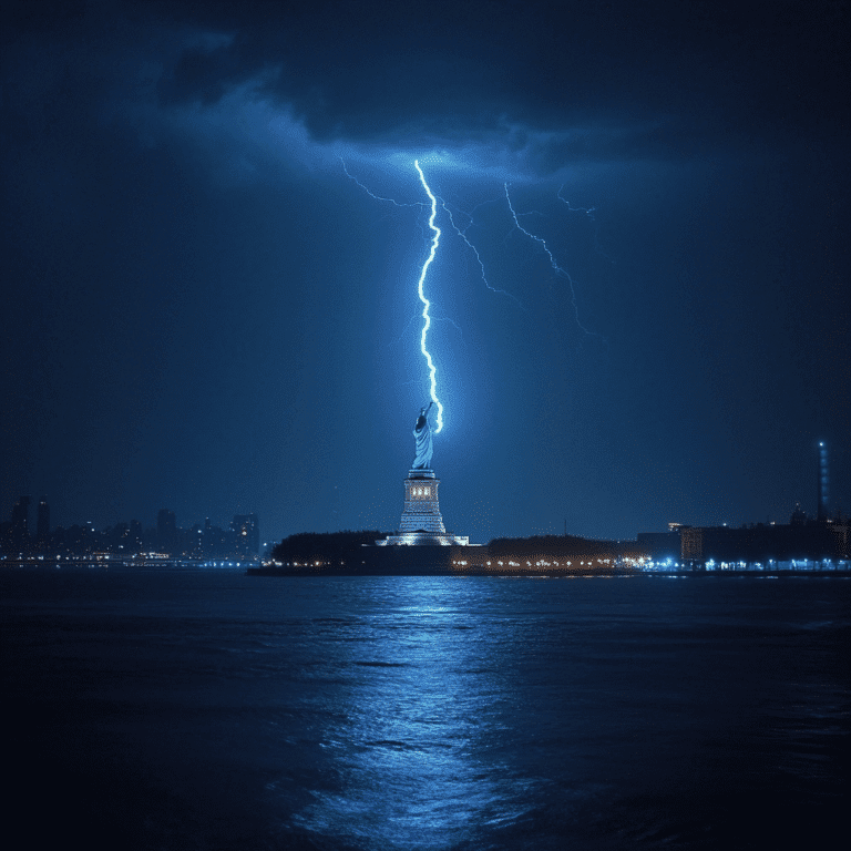 Lightning Strikes The Statue Of Liberty In Stunning Display